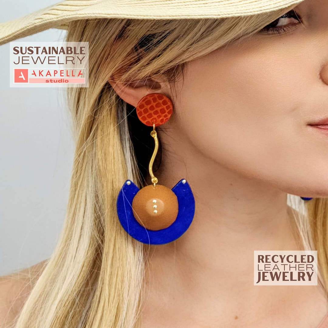 Art Deco Colorful Leather Earrings, Royal Blue Dangle Earrings, Large ...