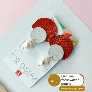 Salmon Leather Earrings, Fish Skin Earrings, Pearl Huggie Earrings ...