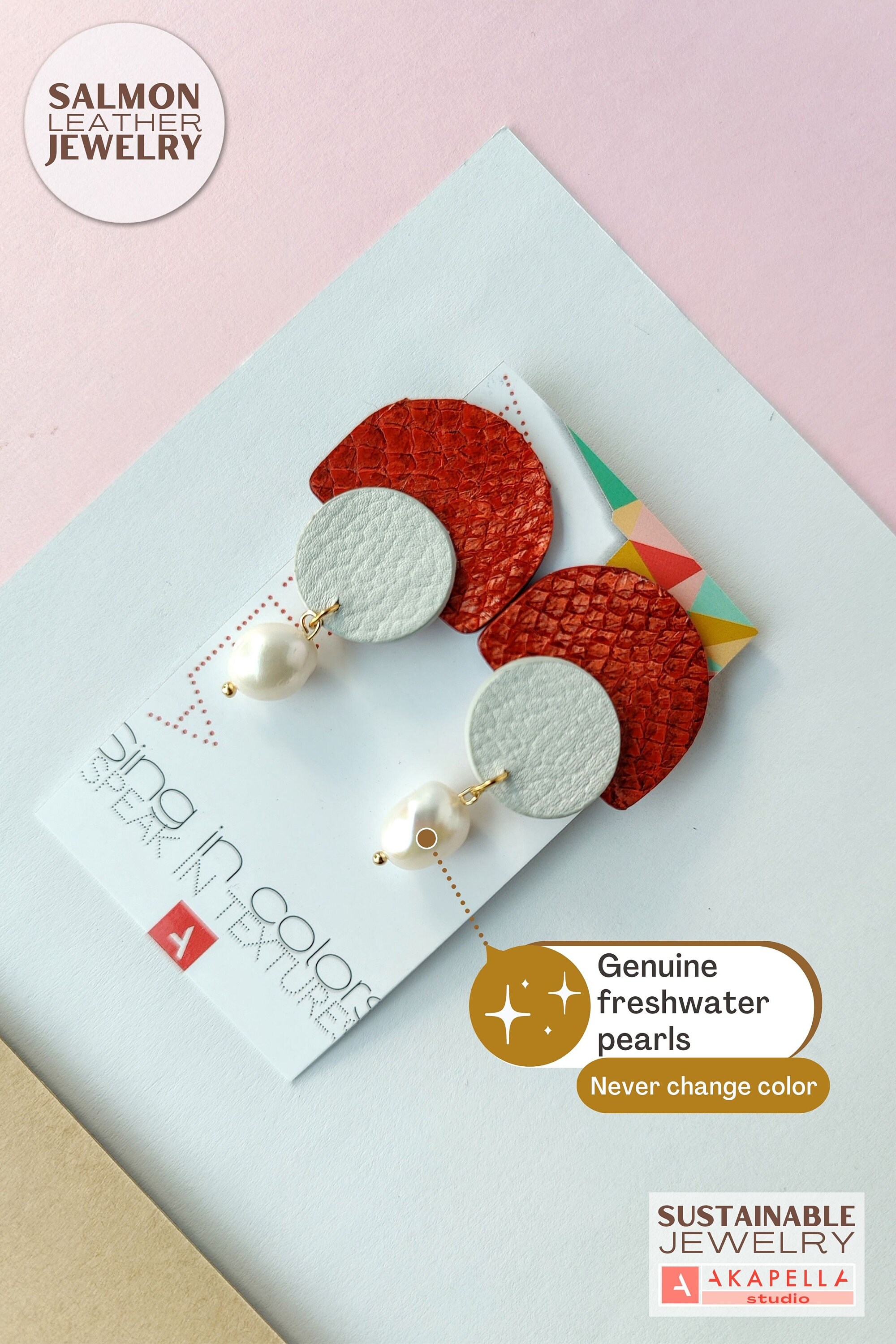 Salmon Leather Earrings, Fish Skin Earrings, Pearl Huggie Earrings ...
