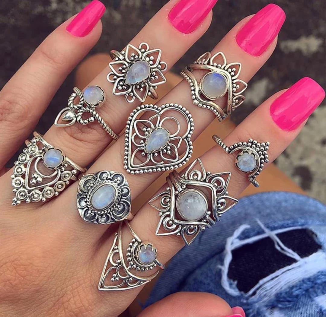 Vintage Moon Stone Boho Ring Set. Bohemian Ring Set. Bohemian - Etsy