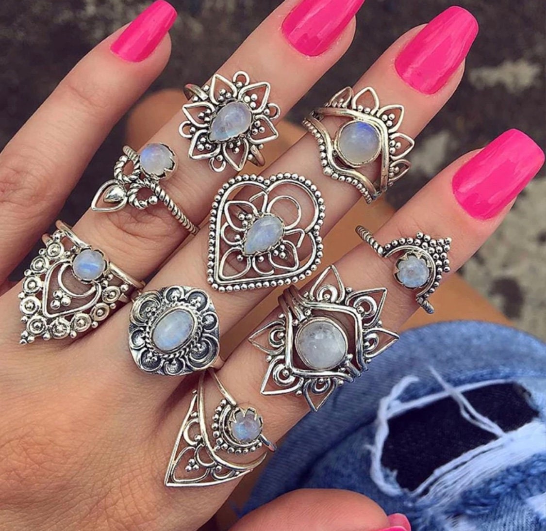 Vintage Moon Stone Boho Ring Set. Bohemian Ring Set. Bohemian - Etsy