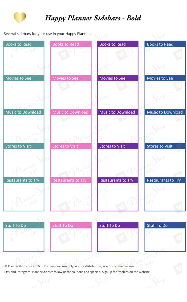 SIDEBAR STICKER | Functional Printable Sticker | Happy Planner - Bold ...