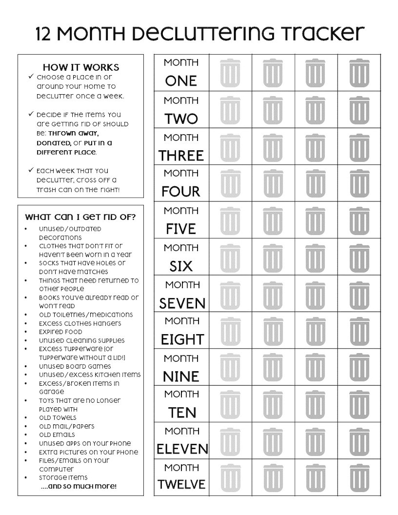 12 Month Decluttering Tracker Printable - Goal Tracker - Organize ...