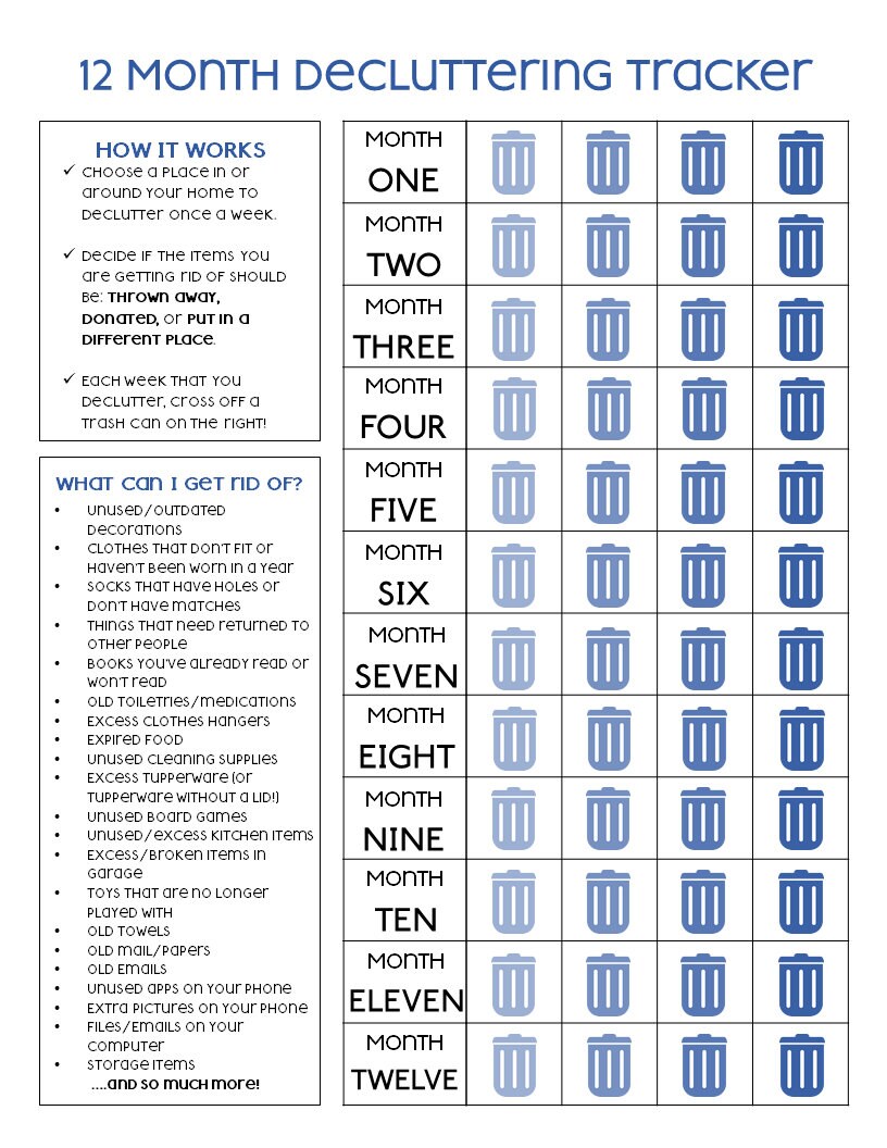 12 Month Decluttering Tracker Printable - Goal Tracker - Organize ...