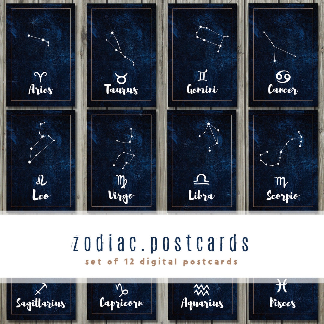 Zodiac Constellation Digital Postcards 4 X 6 Set of 12 in Navy ...