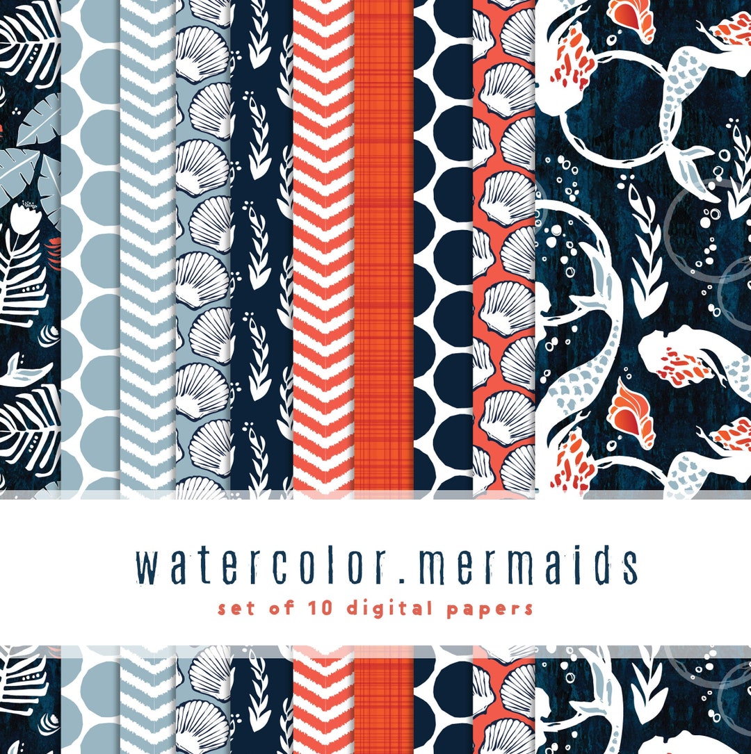 Watercolor Mermaids Digital Paper Collection { Set of 10 } in Navy, Sky ...