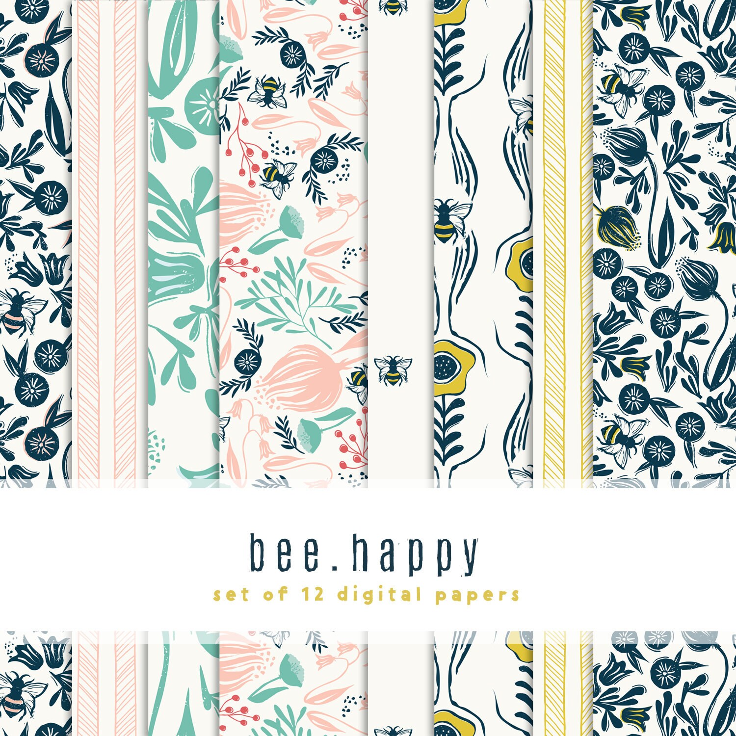 Botanical Bee Prints Digital Paper Collection Set of 12 - Etsy