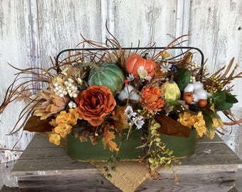 Vintage Harvest Wood Basket With Fall Pumpkins and Floral~autumn ...