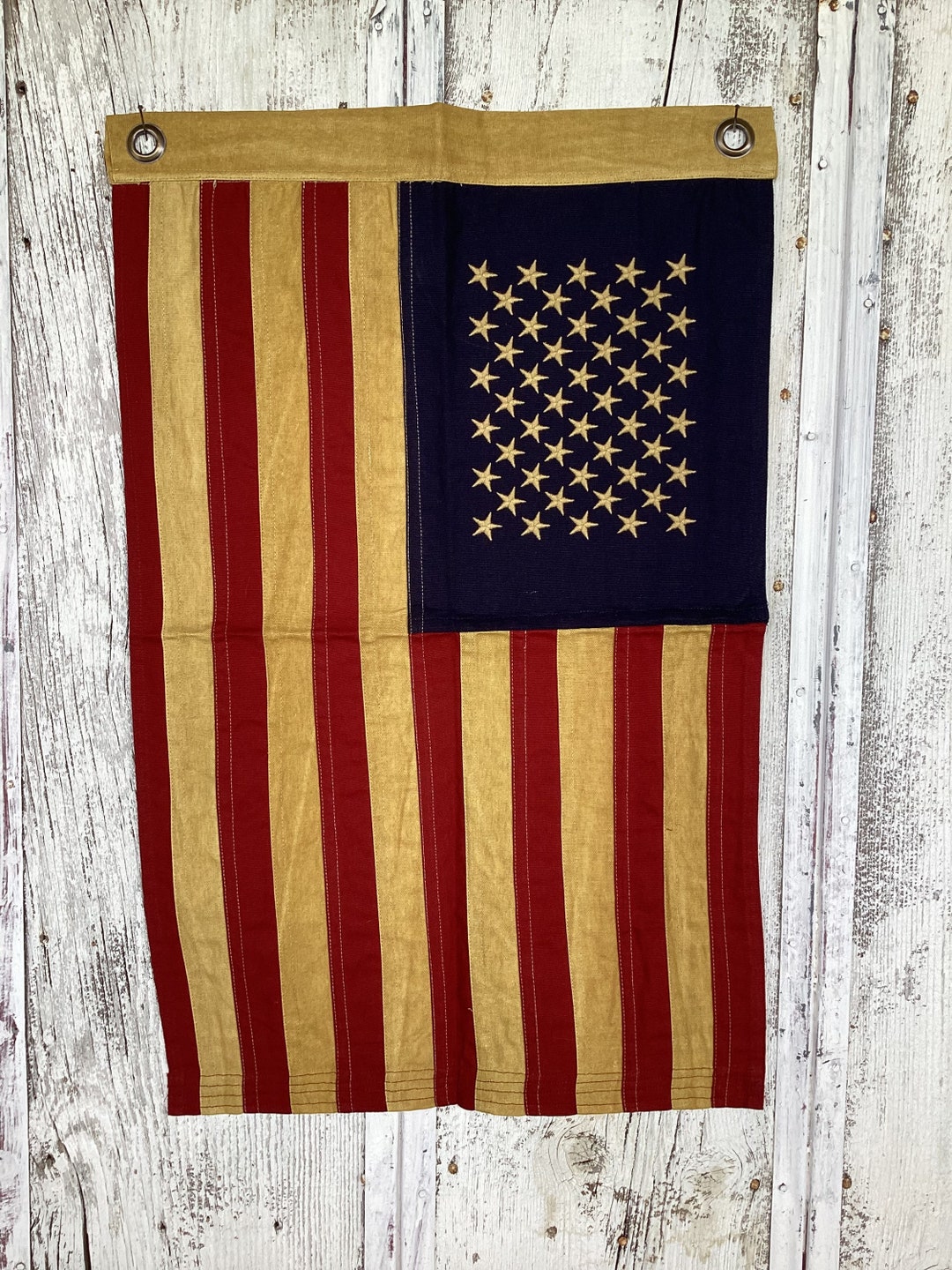 Tea Stained American Flag, Embroidered Stars, Rustic Decor (58") - Etsy