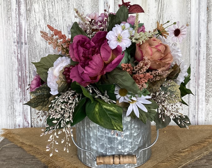Copper Rimmed Galvanized Bucket Dark Pink and White Summer Floral ...