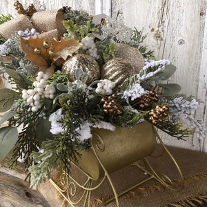 Gold Christmas Sleigh Centerpiece: Winter Pine & Ornaments Decor - Etsy