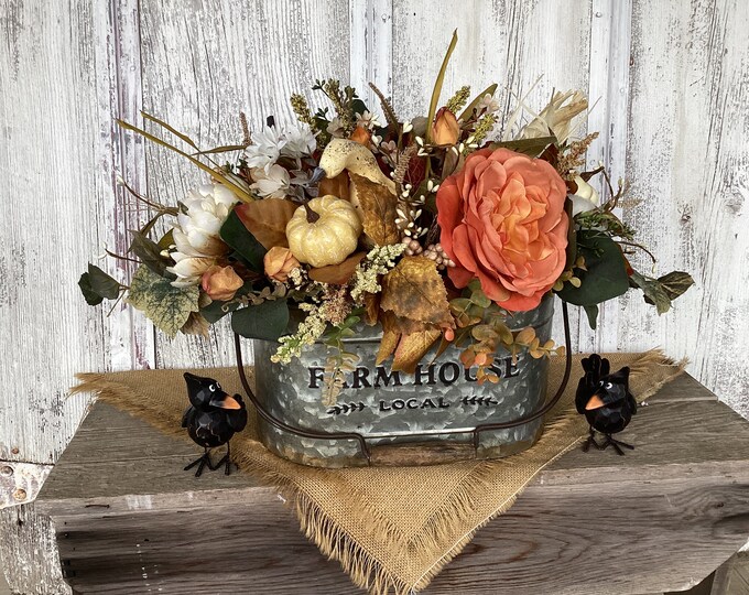 Farmhouse Tin Fall Pumpkin and Floral Arrangement~thanksgiving Pumpkin ...