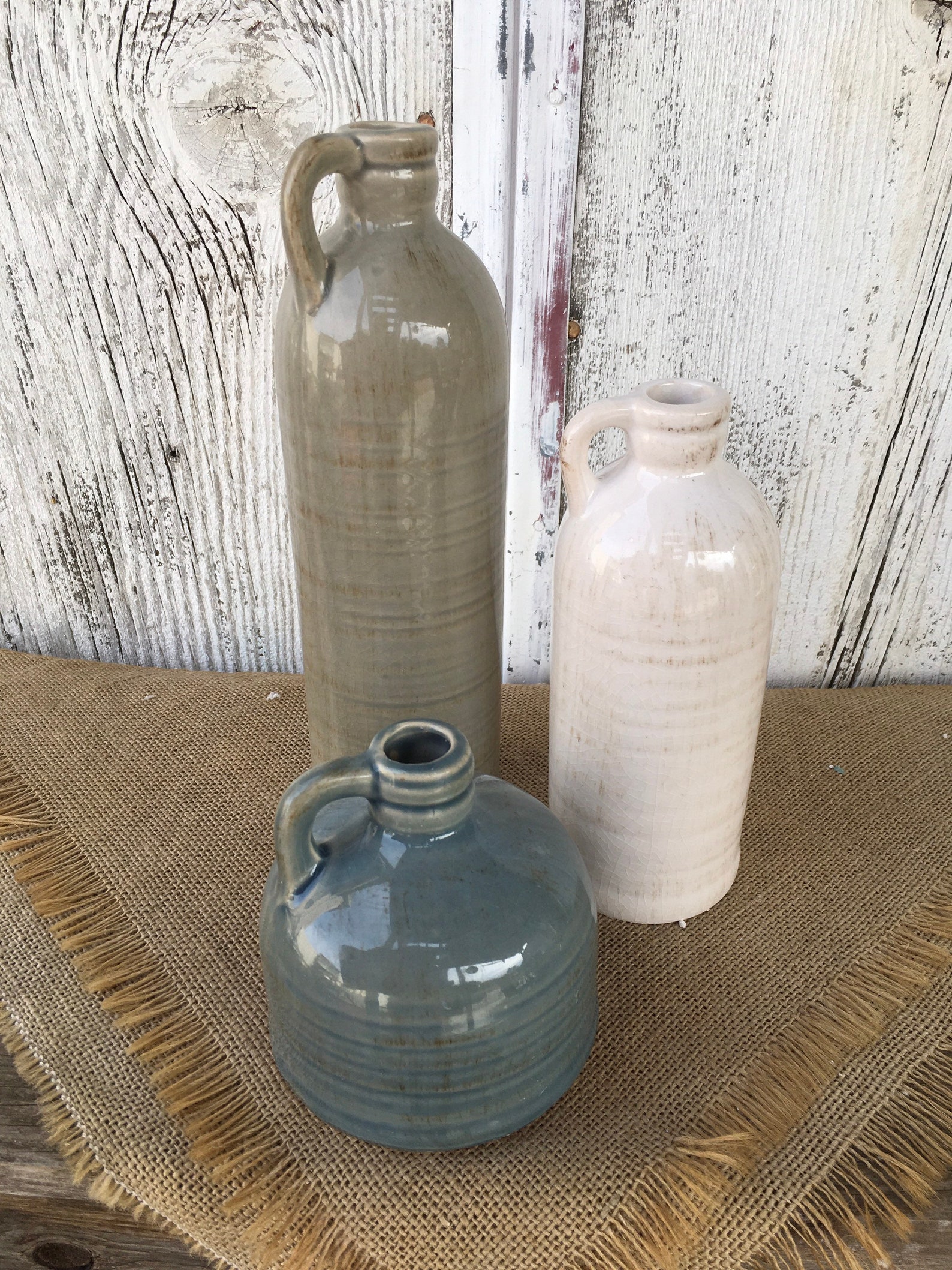 Set of Three Jugs in Green Teal and Cream Tonesneutral - Etsy