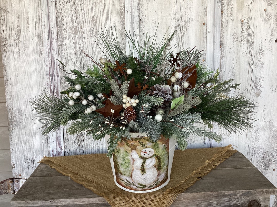 Rustic Winter Snowman Bucket Arrangement~snowmen Berries and Pine Cones ...