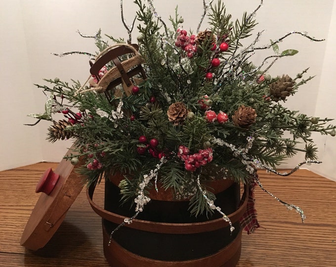 An Antique Wooden Bucket With Lid and Handle Primitive Winter or ...