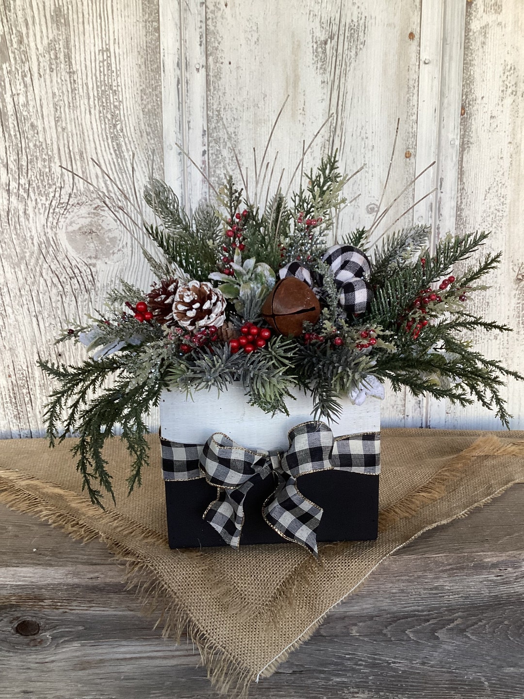 White and Black Buffalo Check Winter Arrangementholiday Bell Table ...