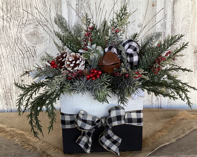 White and Black Buffalo Check Winter Arrangement~holiday Bell Table ...
