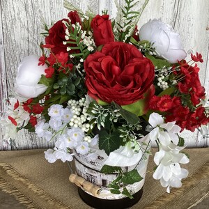 Spring Barn Tin Bucket Red and White Floral Arrangement~farmhouse ...