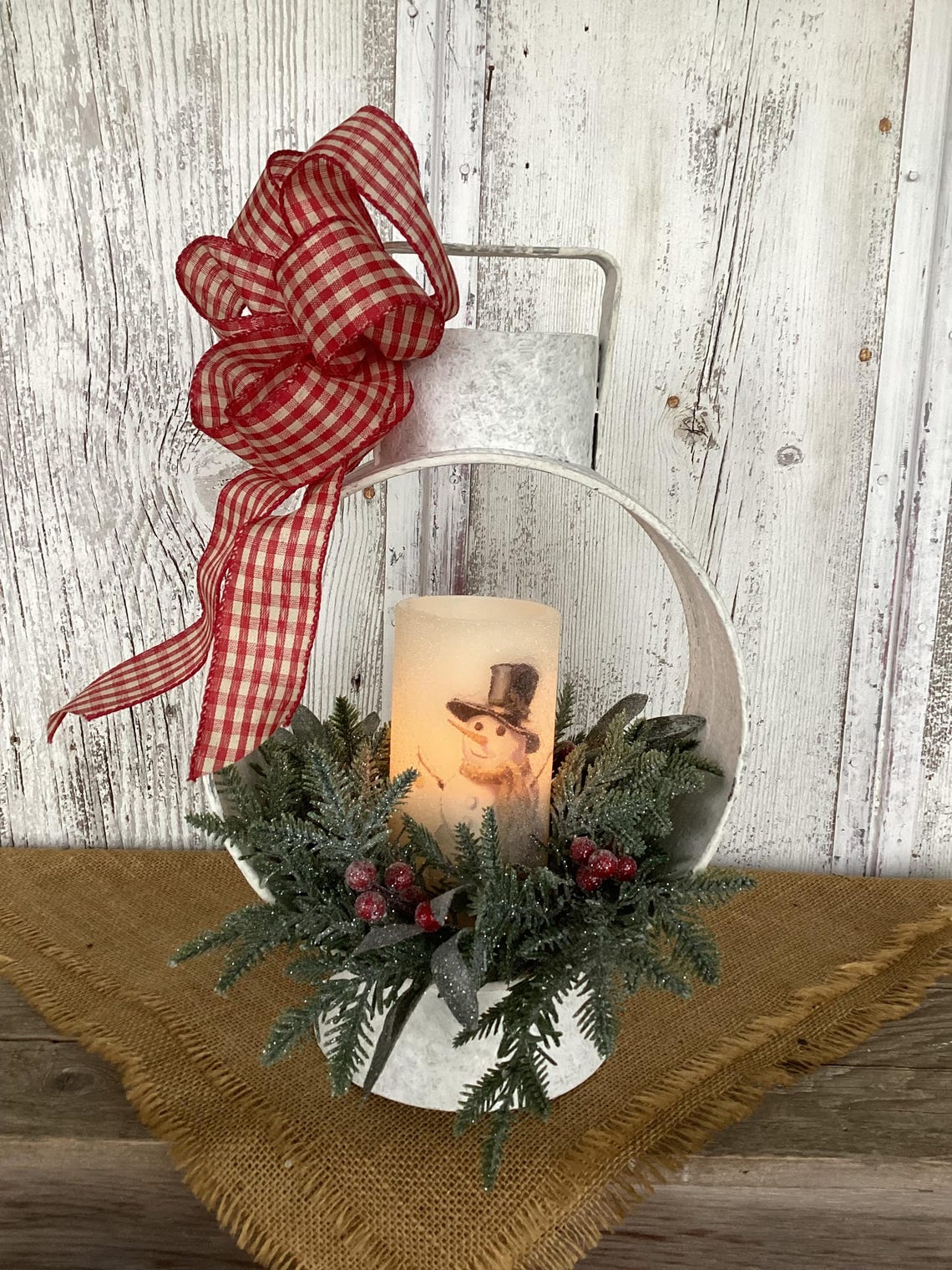 White Textured Lantern With Timed Snowman Pillar Candle~winter Snowman ...