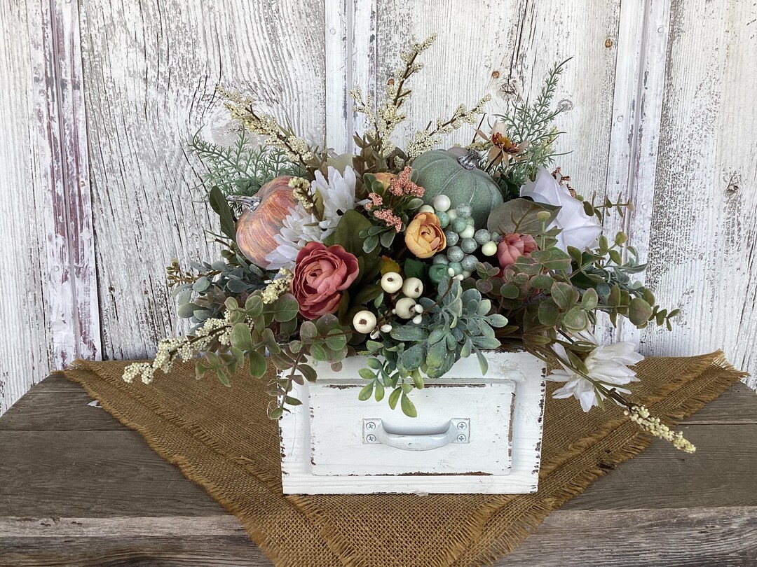 Shabby Chic Fall Pumpkin and Floral Arrangement~rustic Wood Planter ...