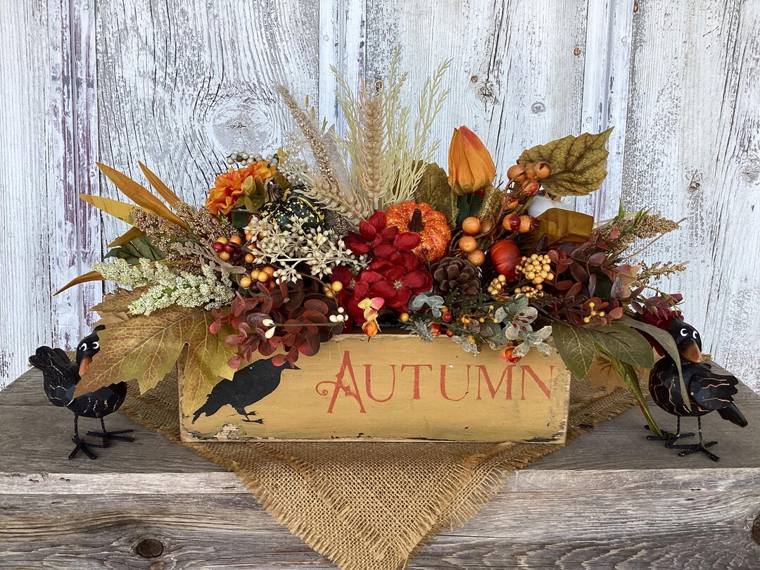Autumn Crow Fall Floral and Pumpkin Arrangement~harvest Centerpiece ...