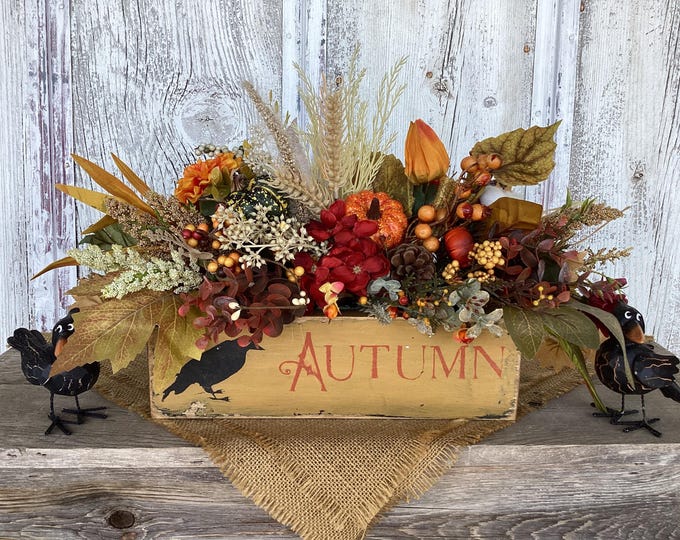 Autumn Crow Fall Floral and Pumpkin Arrangement~harvest Centerpiece ...
