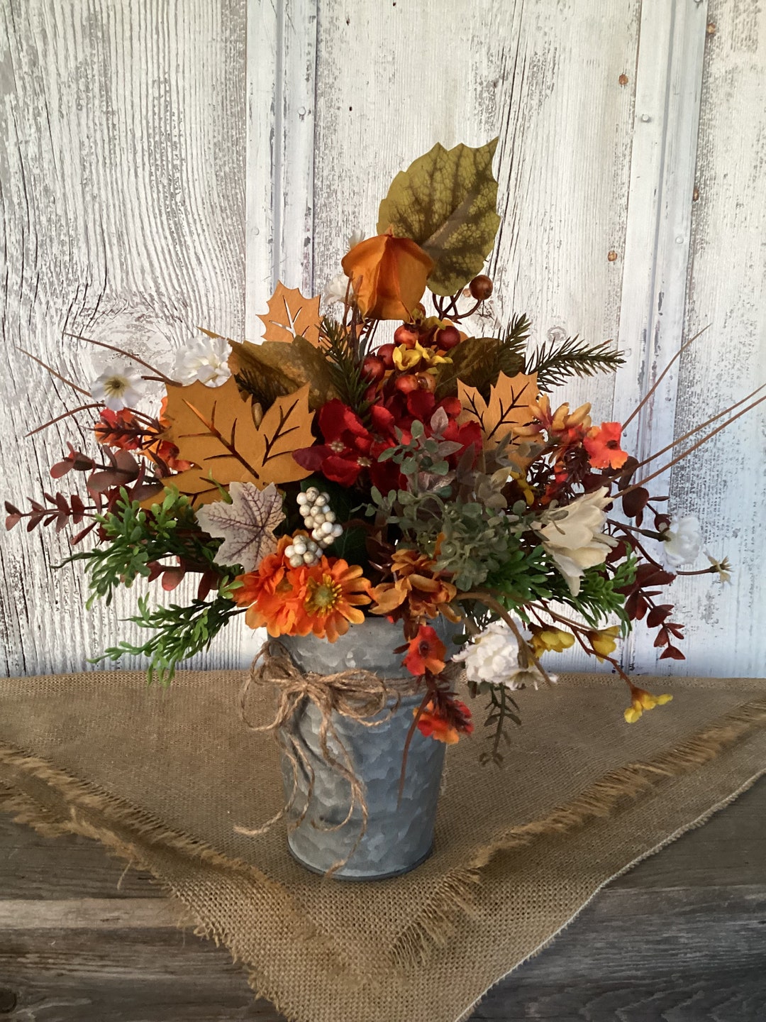 Fall Hydrangea and Floral Arrangement in Tin Planter Cream Canautumn ...