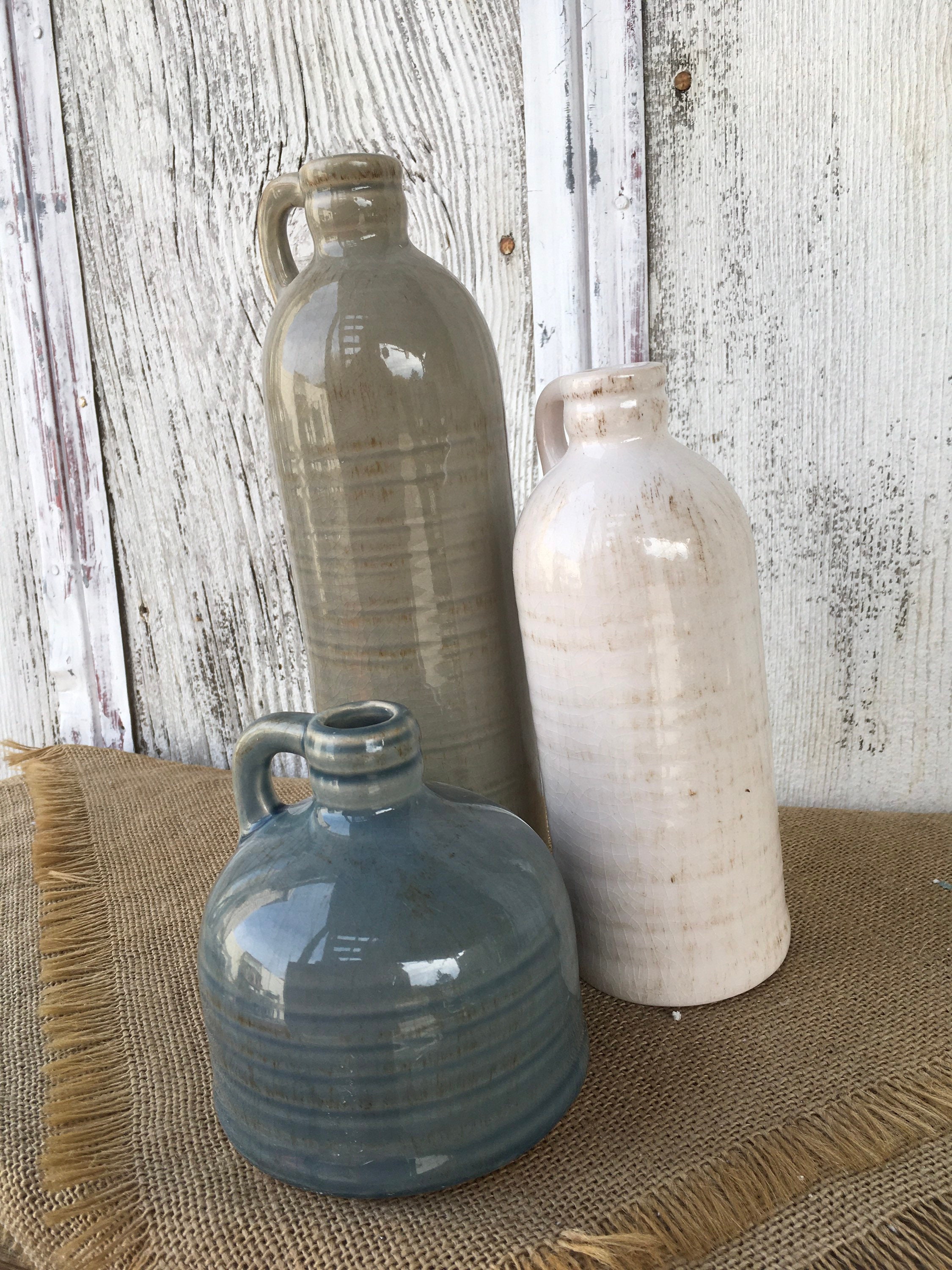 Set of Three Jugs in Green Teal and Cream Tonesneutral - Etsy