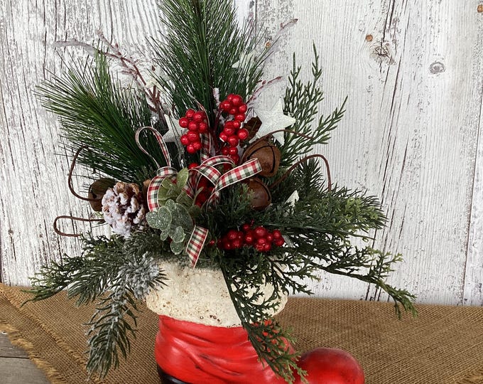 Red Santa Boot Christmas Arrangement~holiday Red Boot Centerpiece~red ...