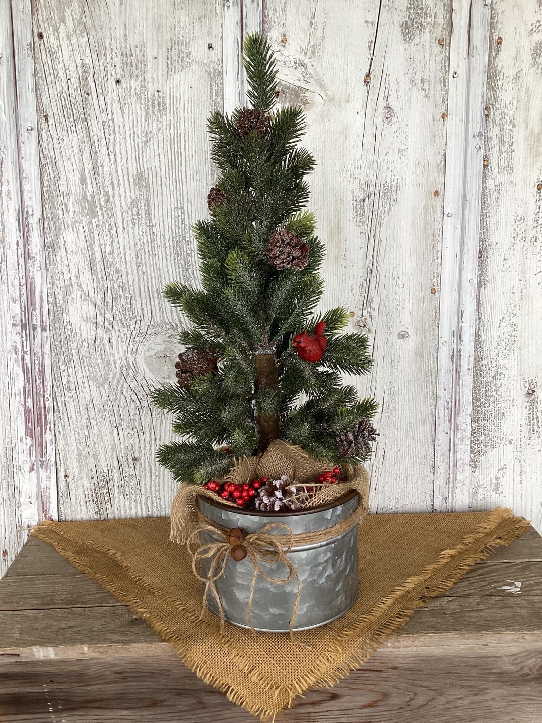 A Galvanized Tin Winter Alpine Tree With Cardinal~christmas Centerpiece ...
