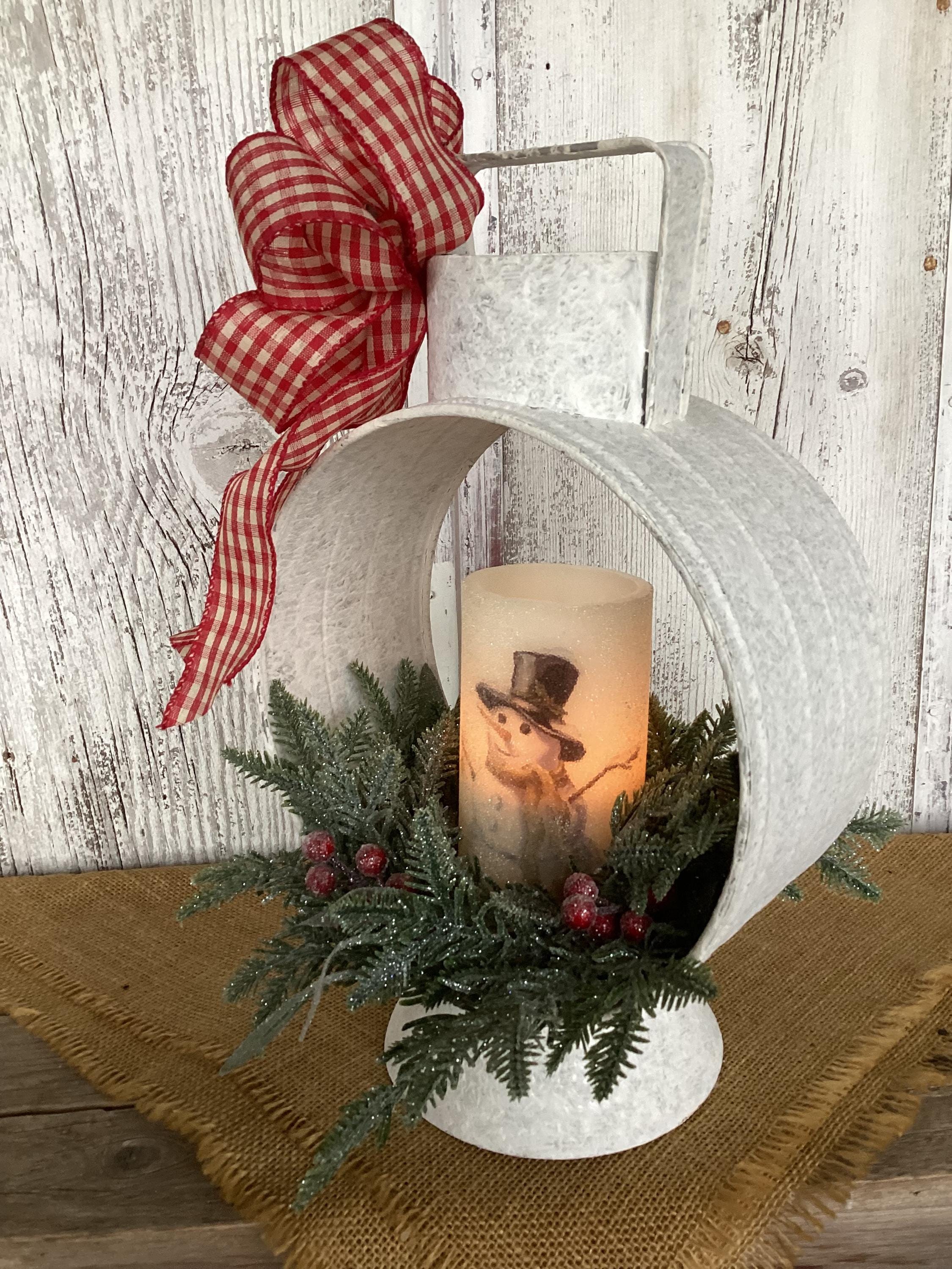 White Textured Lantern With Timed Snowman Pillar Candle~winter Snowman ...