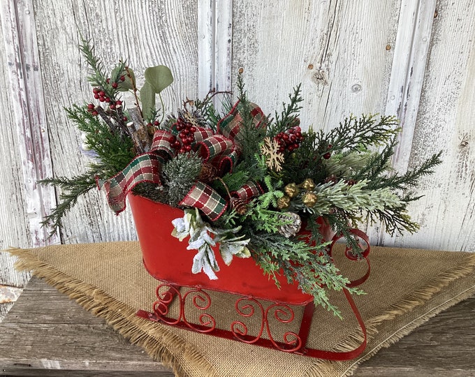 Red Tin Winter Sleighchristmas Sleighfarmhouse Holiday Sleigh With Gold ...