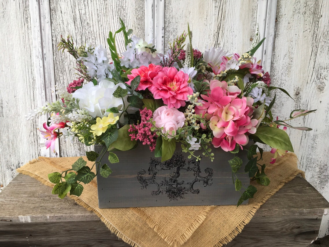 Spring Pink and White Floral Arrangement in a Wood - Etsy