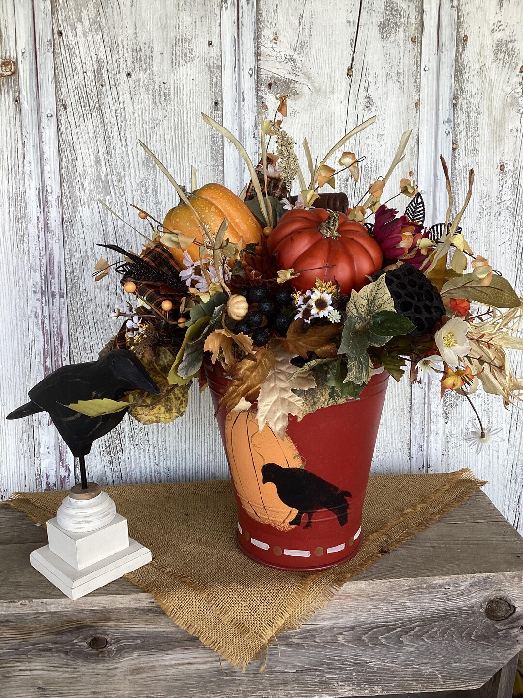 Fall Pumpkin & Crow Bucket Arrangement, Autumn Floral Centerpiece - Etsy