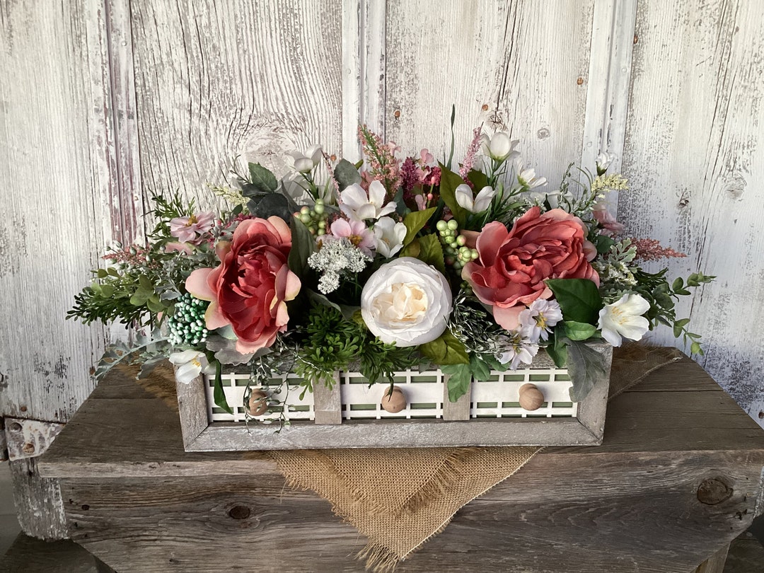 Spring Floral Arrangement in Gray Washed Flower Planter Box~summer Pink ...
