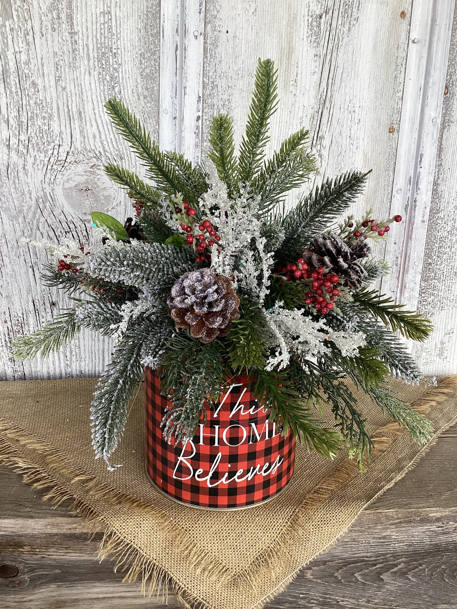 Buffalo Check Christmas Centerpiece: Red Berry Pine Arrangement - Etsy