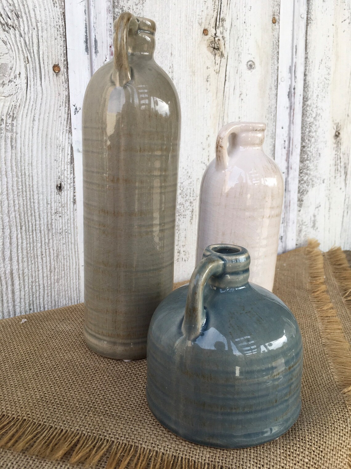 Set of Three Jugs in Green Teal and Cream Tonesneutral - Etsy