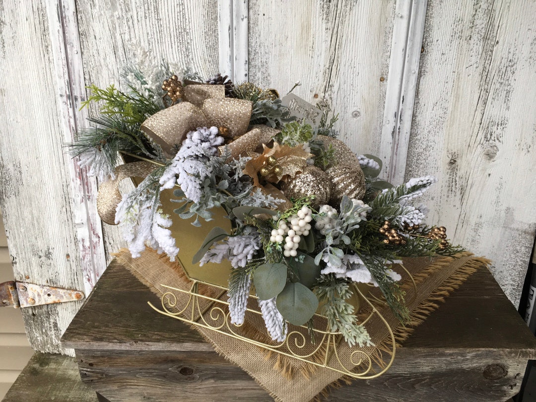 Gold Christmas Sleigh Centerpiece: Winter Pine & Ornaments Decor - Etsy