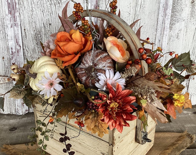 Vintage Harvest Wood Basket With Fall Pumpkins and Floral~autumn ...