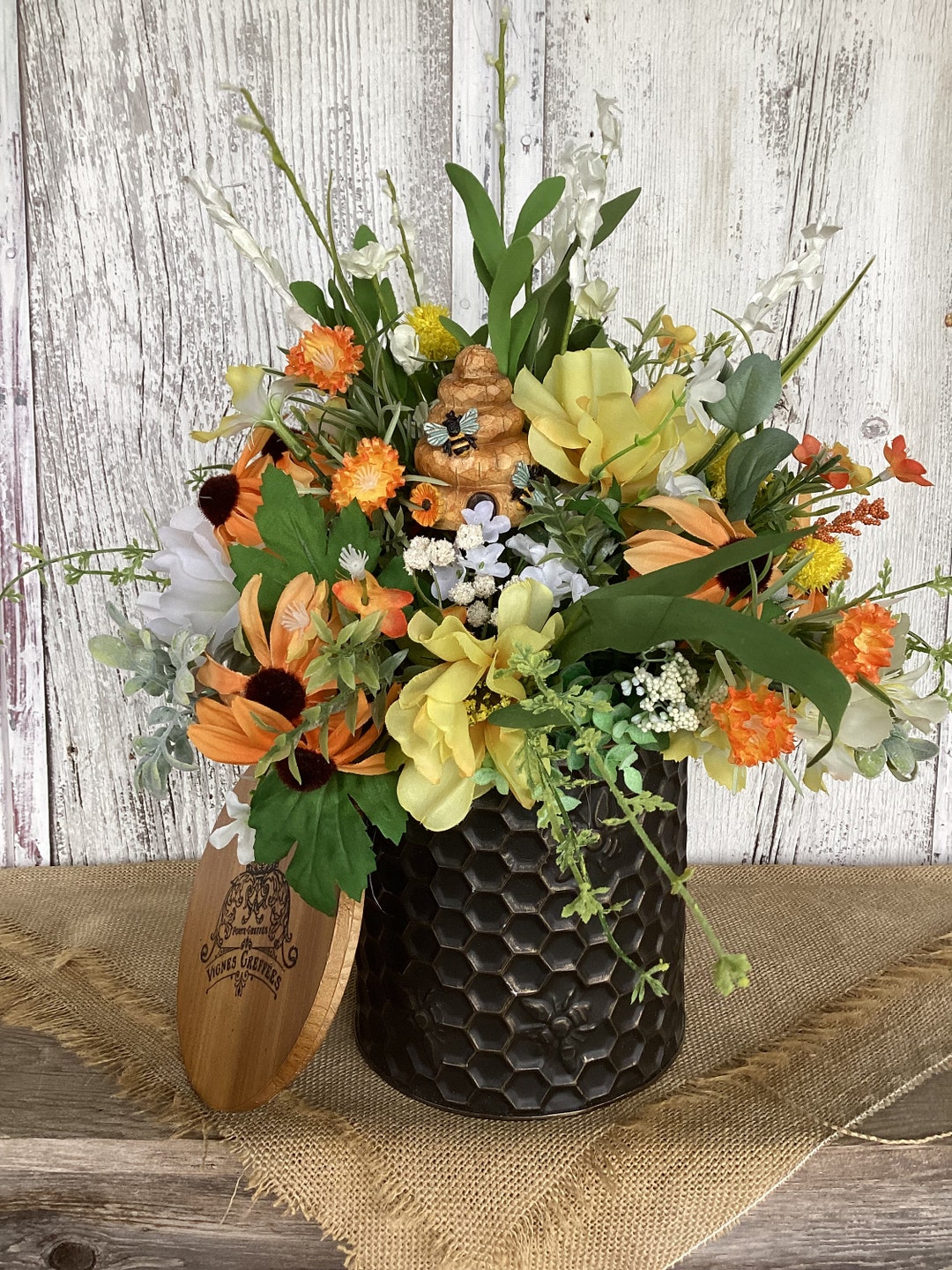 Bee Spring Floral Arrangement~summer Yellow and Beehive Floral Table ...