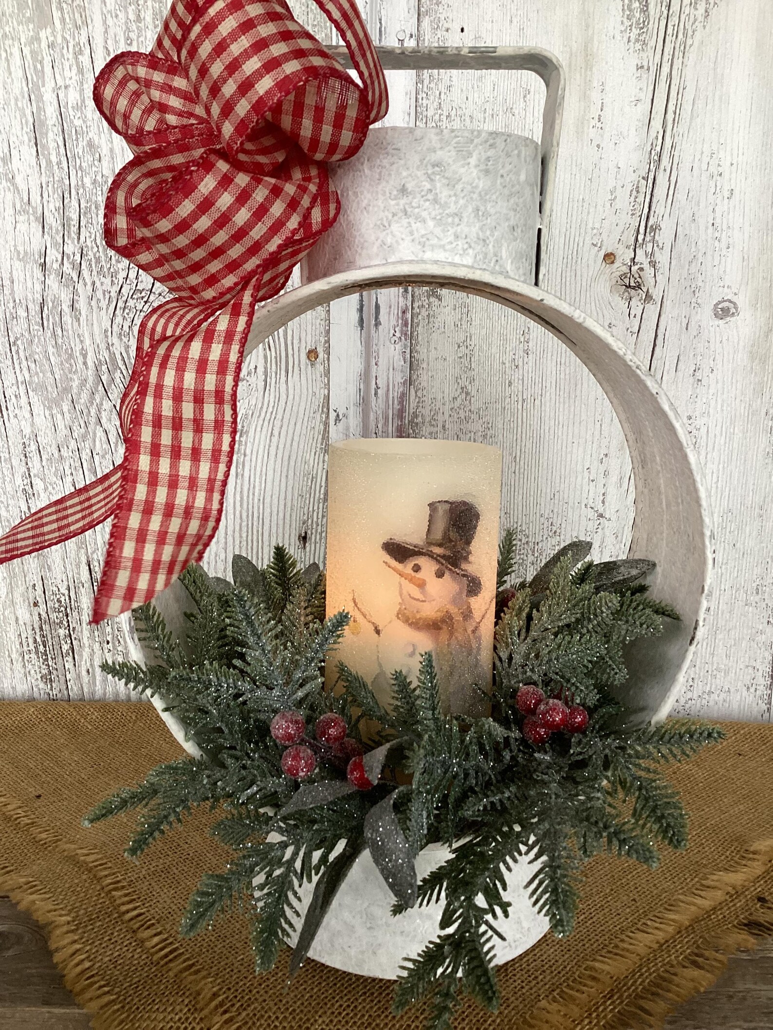 White Textured Lantern With Timed Snowman Pillar Candle~winter Snowman ...