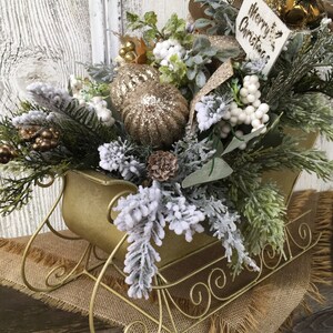 Gold Christmas Sleigh Centerpiece: Winter Pine & Ornaments Decor - Etsy