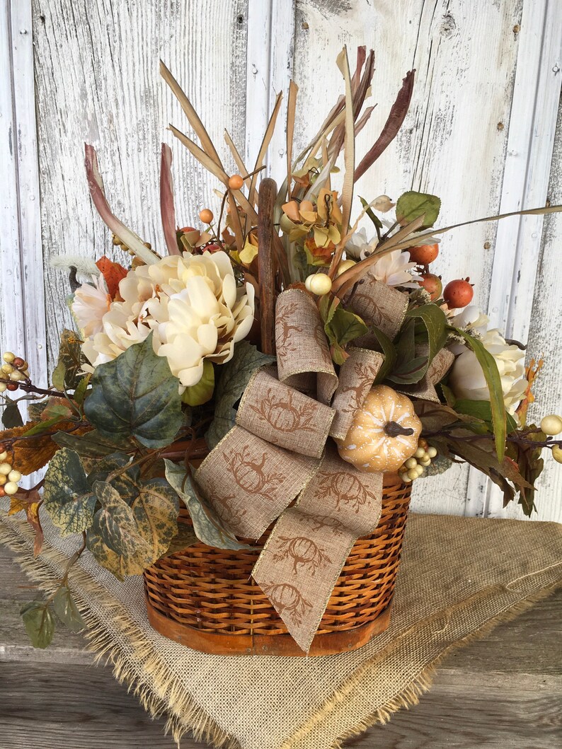 Vintage Basket With Fall Pumpkins and Floral~autumn Basket Arrangement ...