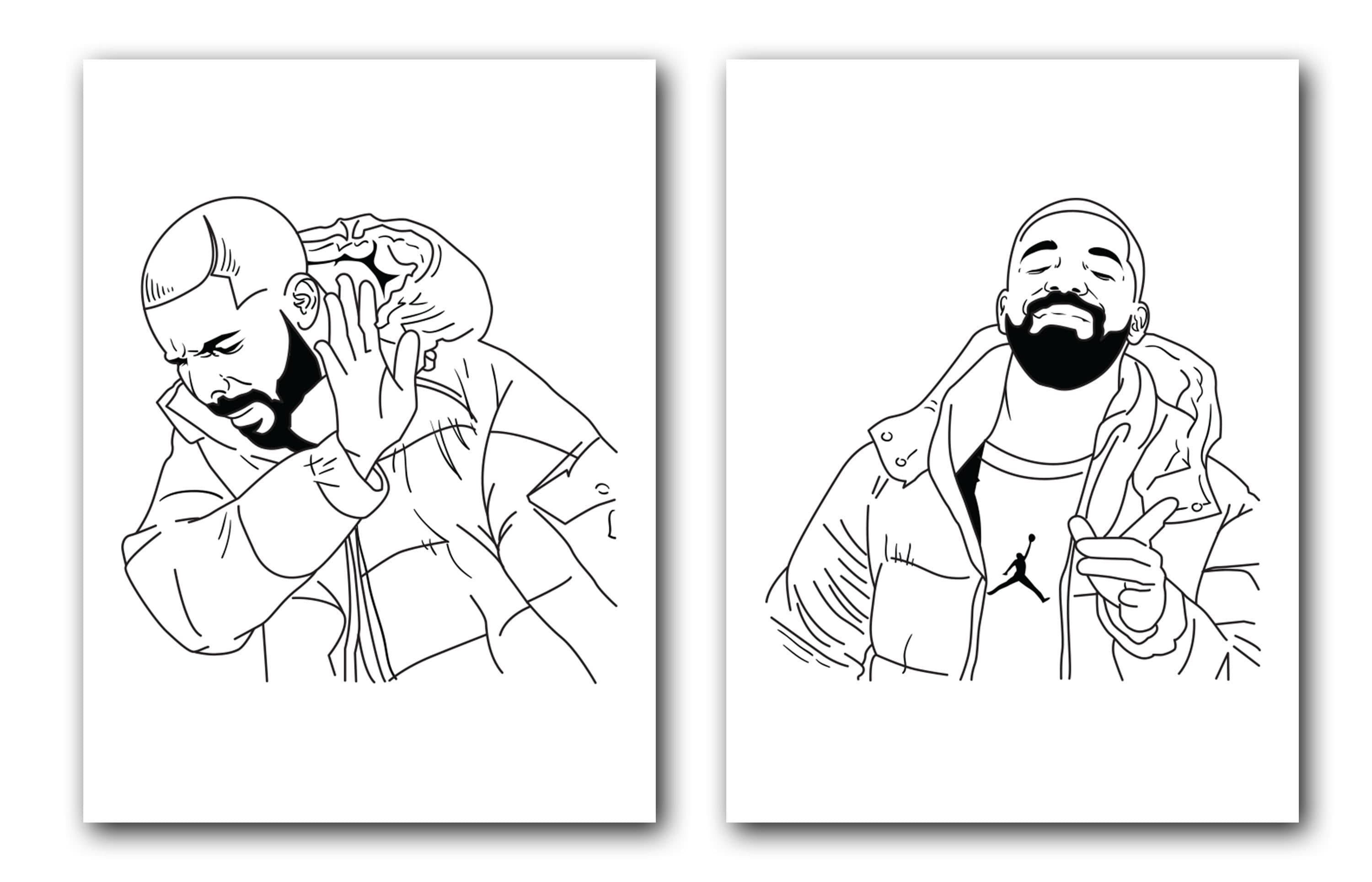 Drake Hotline Bling Meme Line Art, Drake Reaction, Poster Print, Set of ...