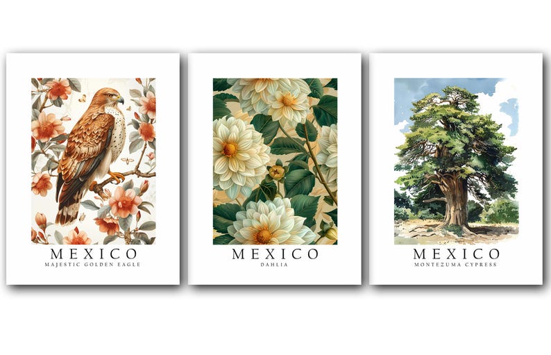 Mexico National Symbols Poster Prints, Golden Eagle, Dahlia, Cypress ...