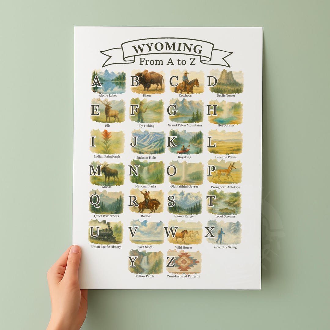 Wyoming A-Z Alphabet Poster, State Symbols & Icons, Travel Art, Wall ...