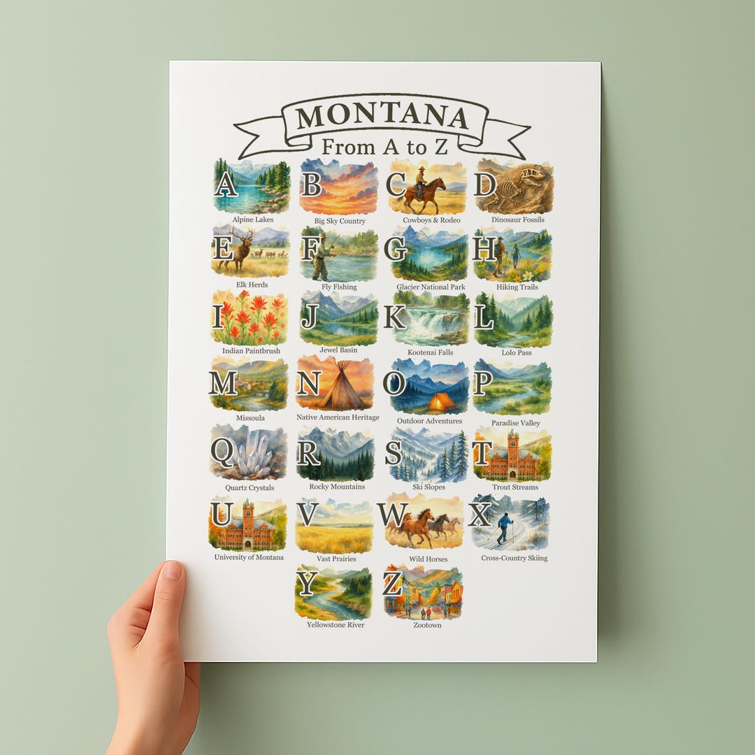 Montana A-Z Alphabet Poster, State Symbols & Icons, Travel Art, Wall ...