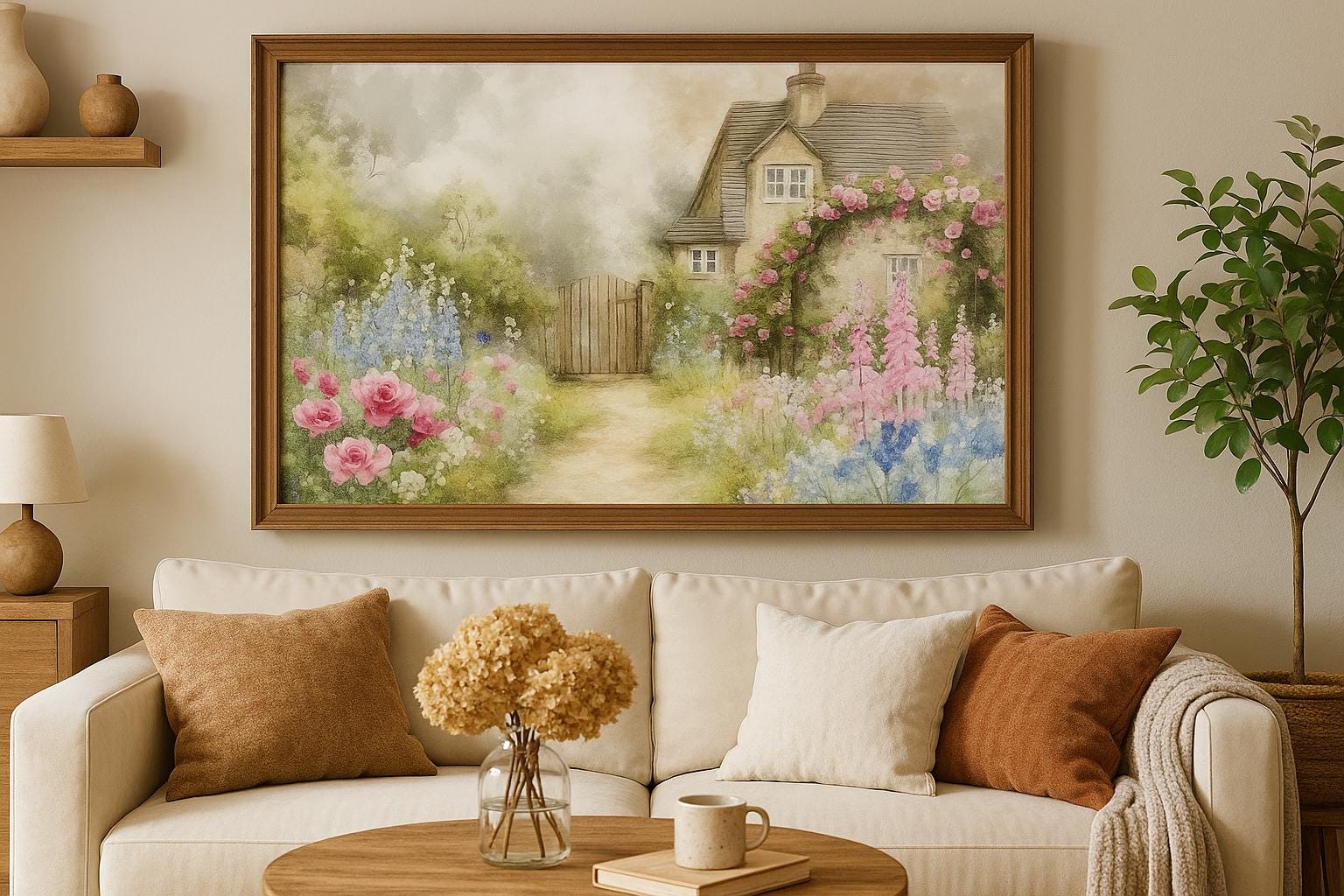 Watercolor Cottage Garden Poster Print, Countryside Floral Landscape ...