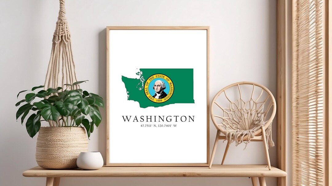 Washington State Map Poster Print: Flag & Coordinates (digital Print ...