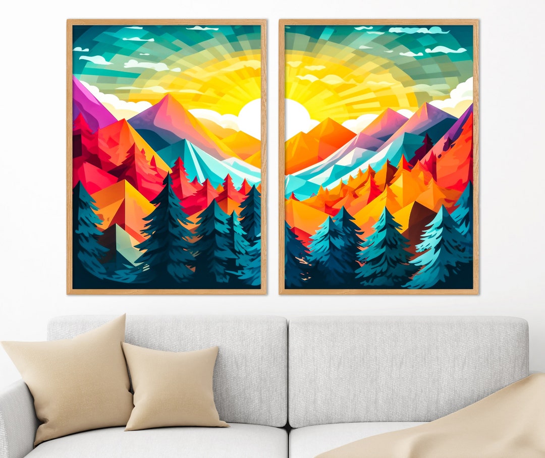 Abstract Trees Sunrise and Mountains in Rectangular Shapes, Set of 2 ...